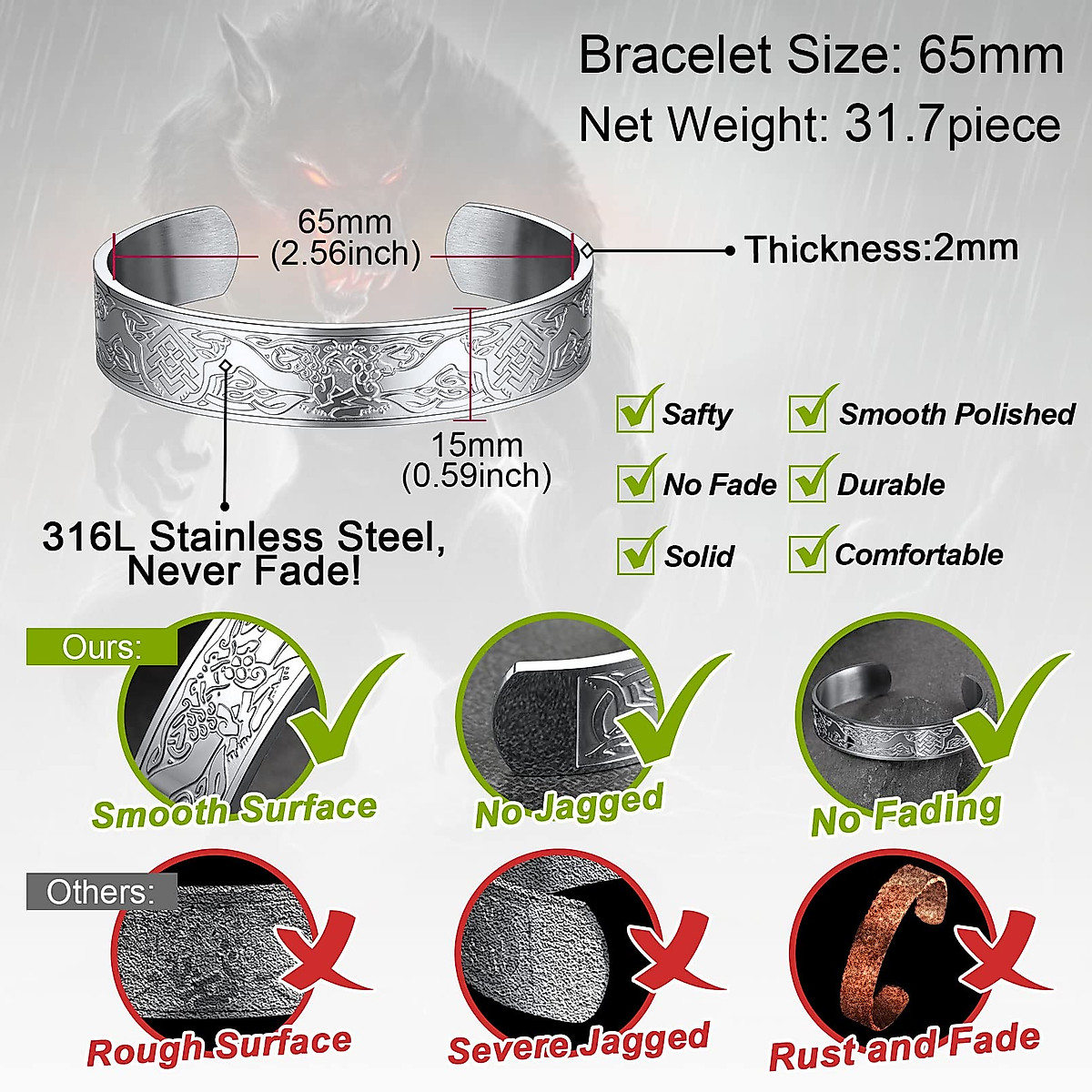 FaithHeart Viking Wolf Cuff Bracelet for Male Stainless Steel Punk Celtic Knot Norse Jewelry