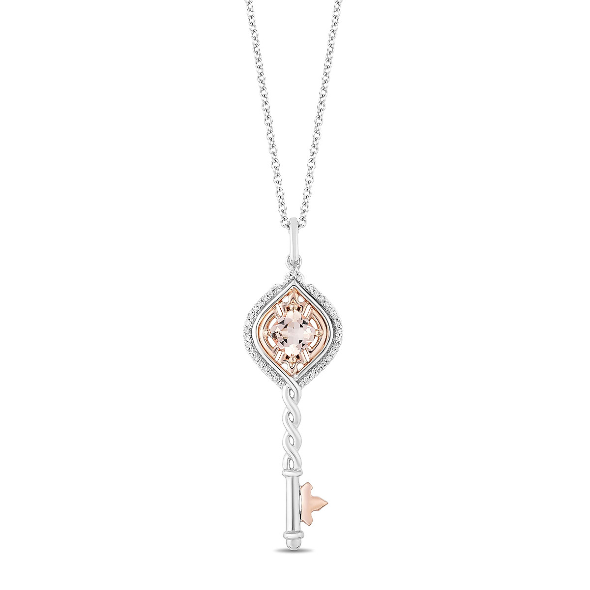 Jewelili Enchanted Disney Fine Jewelry 14K Rose Gold over Sterling Silver with 1/10 CTTW Diamonds and Morganite Aurora Key Pendant