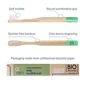Rain Natural Bamboo Kids Toothbrush Set Fluoride-Free Baby Toothpaste Safe to Swallow with Vitamin C for 6 to 12 Months Up Infant Toddler Toothbrush BPA-Free Biodegradable (3 Toothbrush 3 Toothpaste)