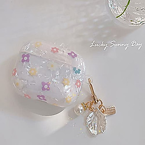 PHOEACC Cute Airpod Gen 3 Case 2021 (NOT Fit Airpod Pro) Flowers with Shell Pearl Keychain Luxury Marble Protective Cover Compatible with AirPods 3rd Generation Case for Girls Women (Floral)