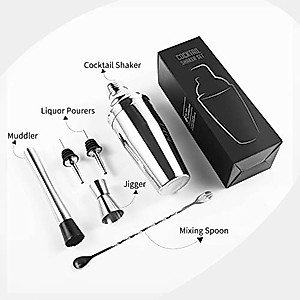 Cocktail Shaker Set, 6-Piece Bartender Kit Premium Shakers Bartending: Martini Shaker Measuring Jigger Mixing Spoon Muddler 2 Pourers Bar Tools Set with Built-in Bartender Strainer for Drink Shaker