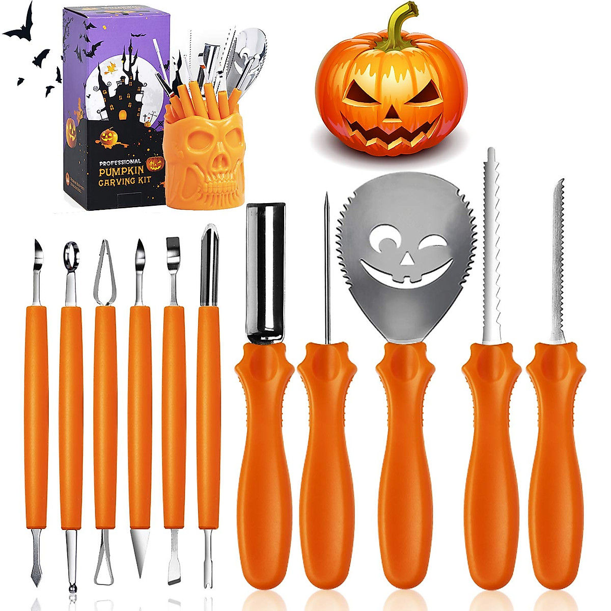 ILEBYGO Pumpkin Carving Kit,11 Pcs Stainless Steel Professional Halloween Pumpkin Carving Tools, Pumpkin Carving Set with a Skull Storage Carrying Bucket