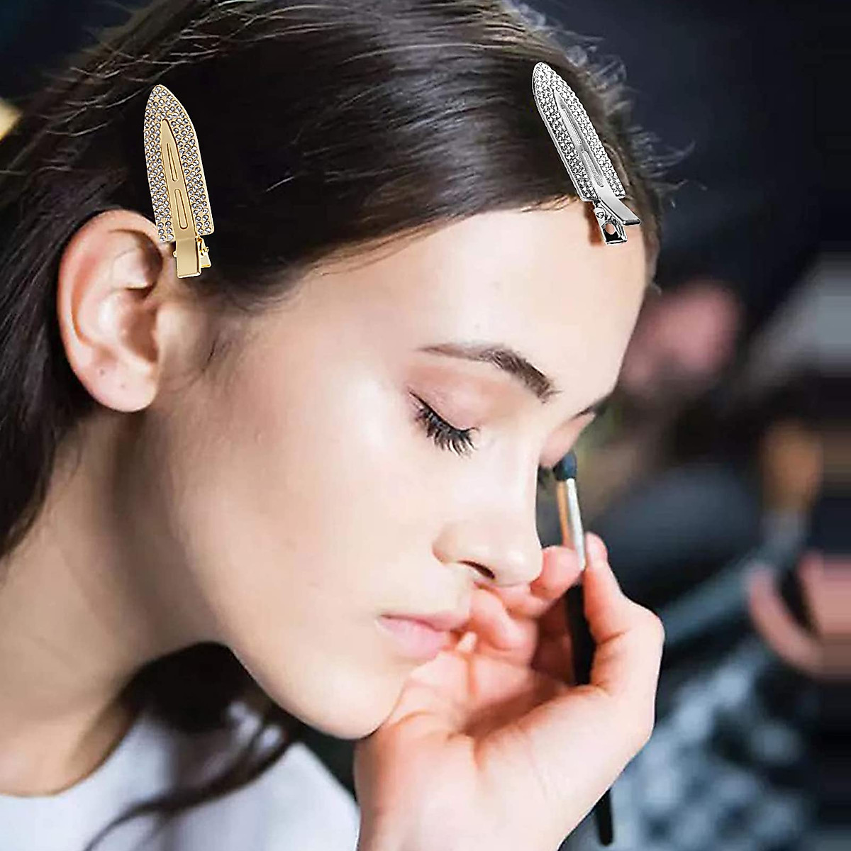 MADHOLLY 4pcs Rhinestone No Bend Hair Clips - Metal Shiny Styling Diamond Cut Pin Clip No Dent No Crease Hair Clips Bling Curl Pin Barrette Small Gifts for Women Girl Makeup, Silver & Gold