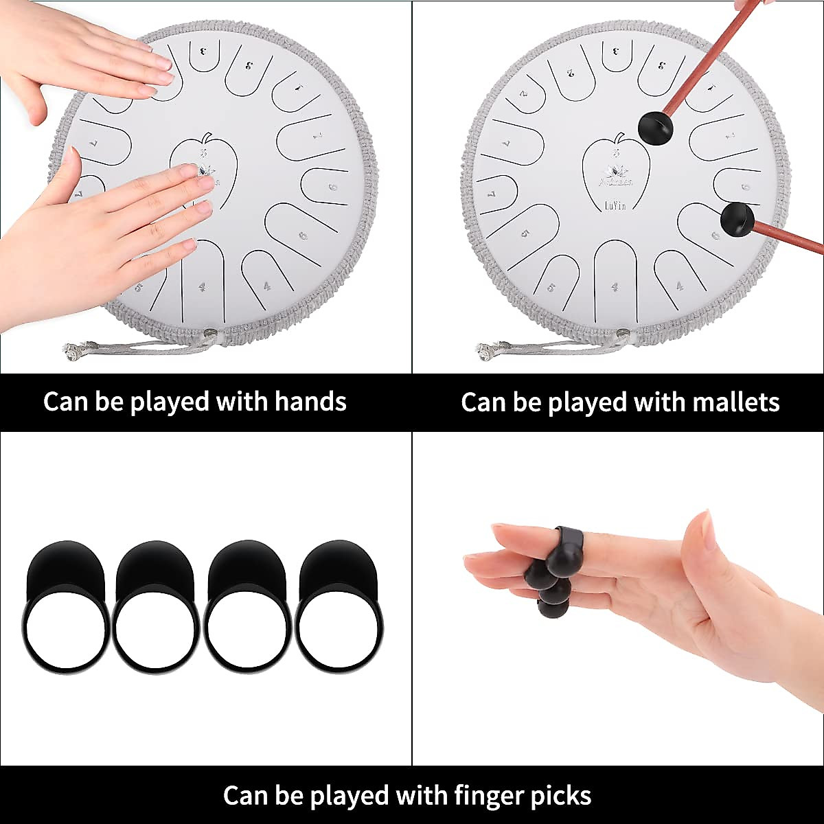 Steel Tongue Drum 15 Notes 14 Inches Percussion Instrument Handpan Drum,Tongue Drum for Adults and Teens with Bag, Music Book, Mallets, Finger Picks (white)