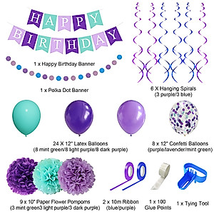 Mermaid Birthday Party Decorations for Girls Women, Happy Birthday Banner Purple Mint Green Confetti Balloons Dots Garland PomPoms Swirls for Birthday Party Baby Shower Graduation Decorations