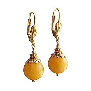 Yellow Agate Earrings Round Dangles Jewelry for Women Gold Plated Lever Backs in Gift Box