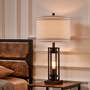 KIVDITZO Rustic Farmhouse Table Lamps with Night Light Set of 2 Dark Bronze Finish Round Shade 5V/2A USB Charging Ports Nightstand Lamp for Living Room Bedroom Home Office Study.