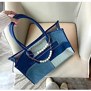 GLOD JORLEE Stylish Large Tote Bags for Women, Large Denim Shoulder Tote Handbags with a Small Denim Purses(Blue)