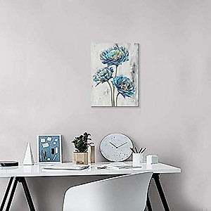 Abstract Floral Canvas Wall Art: Blossom Blue Lotus Flower Artwork Painting Print for Bathroom (12” x 16” x 1 Panel)