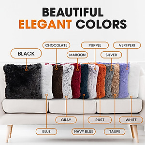 Cheer Collection Throw Pillows for Couch and Bed, Soft Shaggy Throw Pillows with Inserts Included, Cozy Long Hair Faux Fur Pillows - Set of 2-18" x 18" - Black