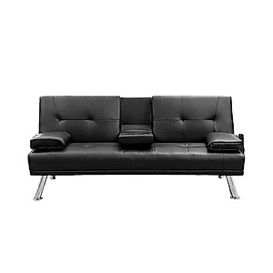 Futon Sofa Loveseat Convertible Sleeper Couch Bed for Living Room Apartment Small Space Furniture Sets with 2 Cup Holders Metal Legs,Removable Soft Pillow-Top Armrest, Black Sofa & Couch