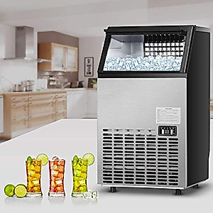 Costzon Commercial Ice Maker Machine, 110LBS/24H Built-in Stainless Steel Ice Maker w/33LBS Storage Capacity, Free-Standing Ice Machine for Home, Restaurant, Coffee, Bar w/Ice Shovel, Hose (Silver)