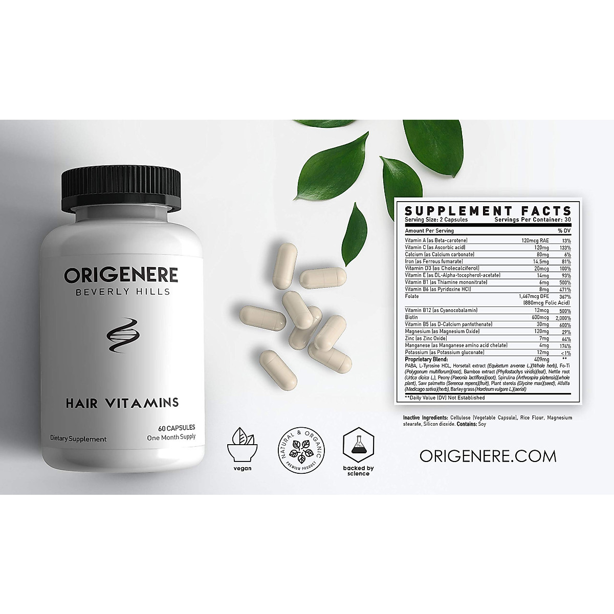 Natural Hair Growth Vitamins For Longer, Stronger, Healthier Hair, Perfect Skin And Healthy Nails. Organic Ingredients, Biotin And Minerals With No Chemicals For Men And Women. 60 Tablets