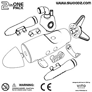 SWOODZ Wooden Toy Vehicles, Take Apart Submarine Rocketship Set, Assembly Wooden Toys, Wooden Submarine Rocketship Kit, STEM Learning Gifts for 3 4 5 6 Year Olds, Kids, Toddlers, Boys, Girls, Children