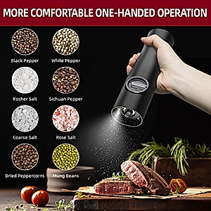 TLCCV Electric Salt and Pepper Grinder Set Rechargeable Automatic Black Salt & Pepper Mill 2 Pcs with Charging Base, Type-C USB Cables, LED Lights, Adjustable Coarseness, One Hand Operation