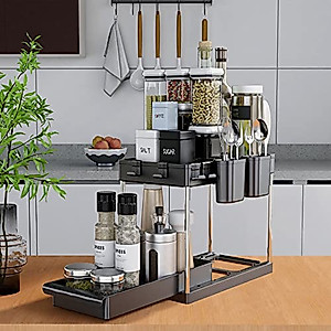 XIBALAGA Under Sink Organizer,2 Tier Under Sink Organizers And Storage For Kitchen Bathroom,Under Sink Cabinet Organizer，Multi-purpose Stable And Sturdy Countertop Organizer (black one sliding)