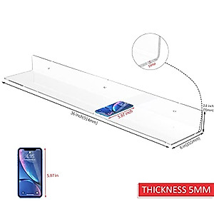 Sezanrpt 36 Inches Clear Long Floating Shelves for Wall, Acrylic Long Wall Shelf, Wall Mounted Shelves for Plants, Radio, Funko Pop, Books, Picture Frame, Clock, Cosmetics, Toiletries, 2 Pack