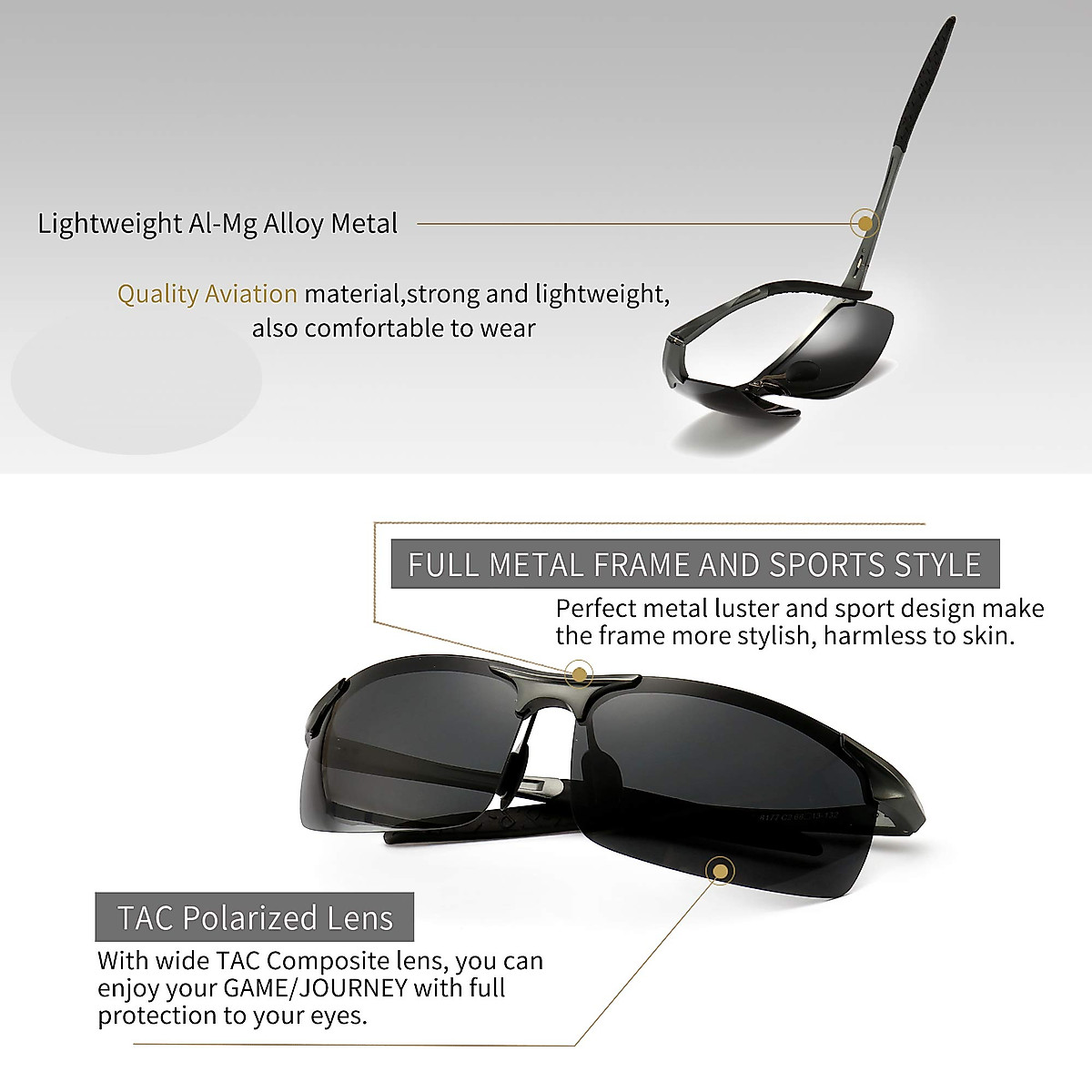 SUNGAIT Men's HD Polarized Sunglasses for Driving Fishing Cycling Running Metal Frame UV400 (Gunmetal, Gray) 8177QKH