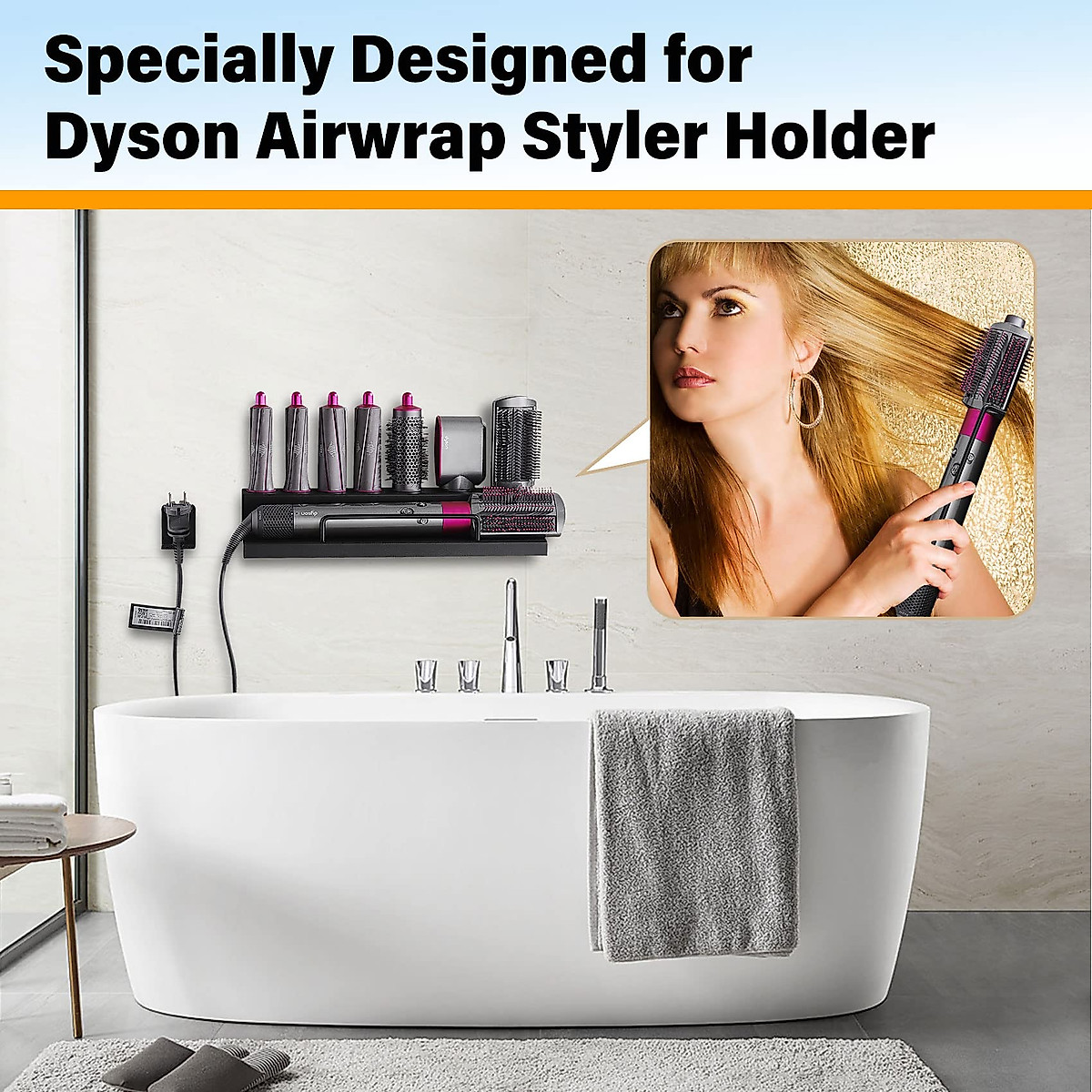 Holder Storage Stand Rack Wall Mount for Dyson Airwrap Curling Iron Accessories,Bathroom Organizer Holder for Dyson Airwrap,No Drilling Installation,Suitable for Bathroom|Bedroom|Hair Salon (Black)