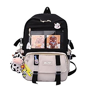 JELLYEA Kawaii School Backpack with Cute Milk Cow Accessories Kawaii Pins for Girls Teen (Black)
