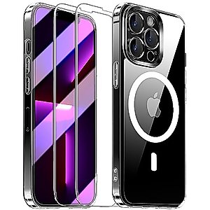 Dssairo Magnetic for iPhone 13 Pro Max Case，with 2 Screen Protector，Full Camera Protection [Compatible with MagSafe] Shockproof Phone Bumper Cover，Anti-Scratch Clear Back (Clear)………