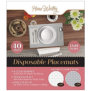 Gray and White Disposable Placemats for Baby, Toddlers, Children and Adults - Sticky Toppers for Tables - Restaurant, Travel, Airplane Tray Covers, Schools - 40 Pack