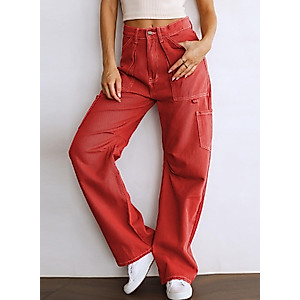 Dokotoo Red Pants Women Straight Leg Jeans for Women Trendy Baggy Y2K Holiday Party Beach Outfits for Women 2024 Womens Fashion Womens Clothes Clothing Pants