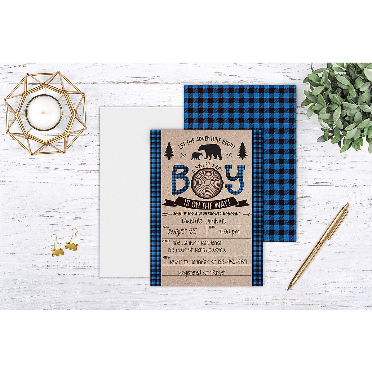 Your Main Event Prints Blue Lumberjack Baby Shower Invitations, Boy Baby Shower Invitations, Mama Bear Baby Shower Invites, Woodland Baby Shower Invitations, 20 Fill in Invitations and Envelopes