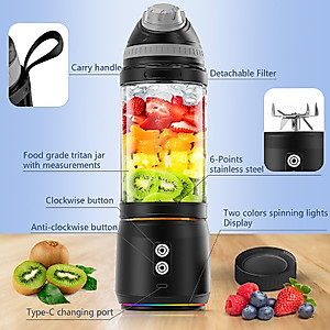 Portable Blender, 300W Personal Mini Blender for Shakes and Smoothies, 24oz Compact Travel Blender with 6000mah USB-C Rechargeable, Intelligent Cleaning Travel Lid & BPA-Free Bottle (Black)
