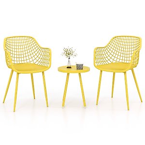 Tangkula 3 Piece Patio Bistro Set, All Weather Heavy Duty Table and Chairs Set of 2 with Widen Seats, Outdoor Furniture Set for Porch, Balcony, Backyard (Yellow)