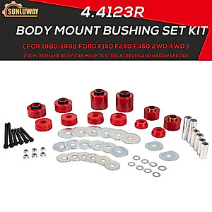 Upgraded Red Body Mount Bushing Set Kit Compatible with 1980-1998 Ford F150 F250 F350 2WD 4WD, Heavy Duty Polyurethane Body Cab Mounts Steel Sleeves and Hardware Replacement Kit 58PCS