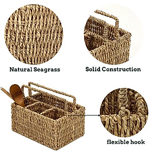 PEMAR Large L-Sized Hand Woven Utensil Caddy Carrier, Natural Jute Wicker Condiment Holder for Table, Kitchen Set Counter Top Silverware Organizer, Rustic Storage Forks, Spoons (Seagrass)