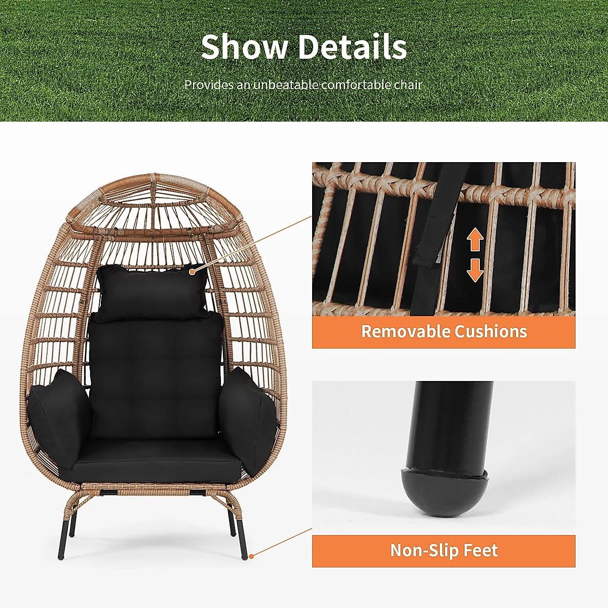 PIKAQTOP Egg Chair, Oversized Indoor Outdoor Lounger Chair for Patio, Backyard, Living Room w/ 4 Cushions and Stand, Steel Frame, 350lb Capacity, Black