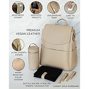 MIA + SOPHIA Leather Diaper Bag Backpack with Changing Pad, Stroller Straps, Bottle Holder (Beige Olivia)
