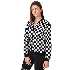WDIRARA Women's Zip Front Plaid Print Long Sleeve Stand Collar Casual Jacket Black and White S