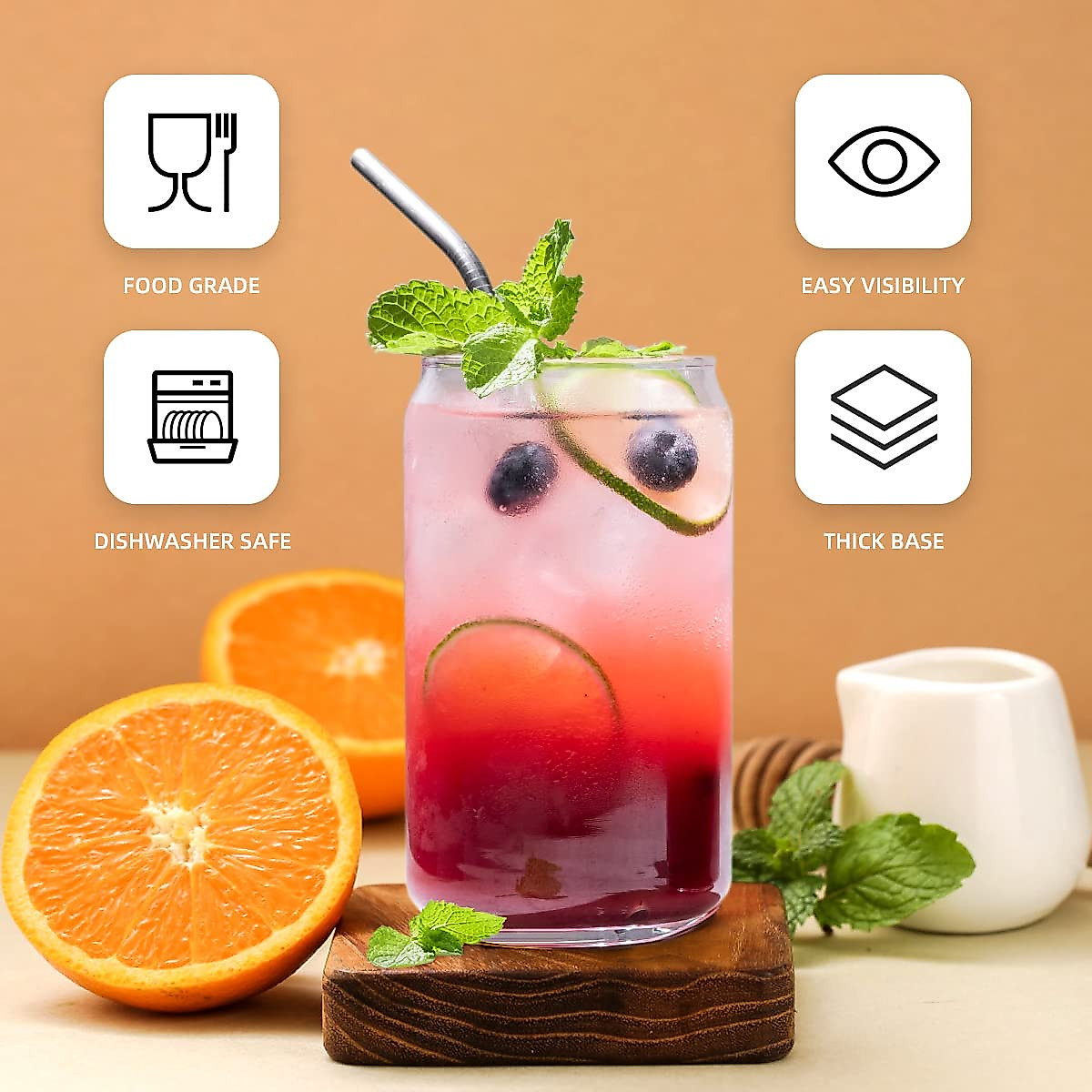 YULEER Glass Cups With Lids & Straws 6 Pack, 16 oz Can Shape Drinking Glasses Beer Glasses Tumbler Cups Water Bottles for Iced Coffee, Cocktail, Beer, Soda