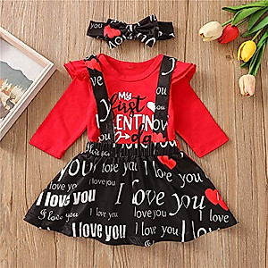 Aoty Toddler Baby Girls Valentine's Day Outfits Suspender Skirt Love Heart Print Skirt (Red Heat, 0-3 Months)