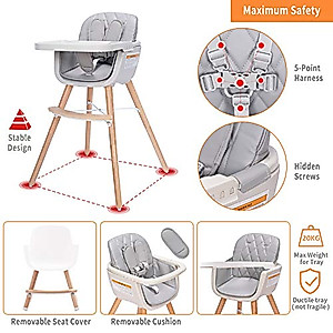 3-in-1 Convertible Wooden High Chair,Baby High Chair with Adjustable Legs & Dishwasher Safe Tray, Made of Sleek Hardwood & Premium Leatherette, Mid Grey