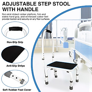 Step Stool with Handle, Adjustable Step Stool, Bed Step for High Beds for Adults, Elderly Bedside, Height Adjustable Elderly Step Stool, Padded Non-Slip Hand Grips, Heavy Duty Holds 330 Lbs