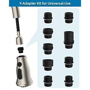 Hygie Rinse Pull Down Faucet Head Replacement with 9 Adapters Compatible with Moen Delta Faucet Head, 3 Function Kitchen Sink Faucet Sprayer Head Fit Most Faucet, Brushed Nickel