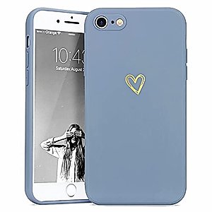 Wirvyuer for iPhone SE Case 2022/2020,iPhone 8 iPhone 7 Case for Girls Women Silky Soft Protective Shockproof Silicone Phone Case with Cute Gold Heart Pattern Design Blue Cover
