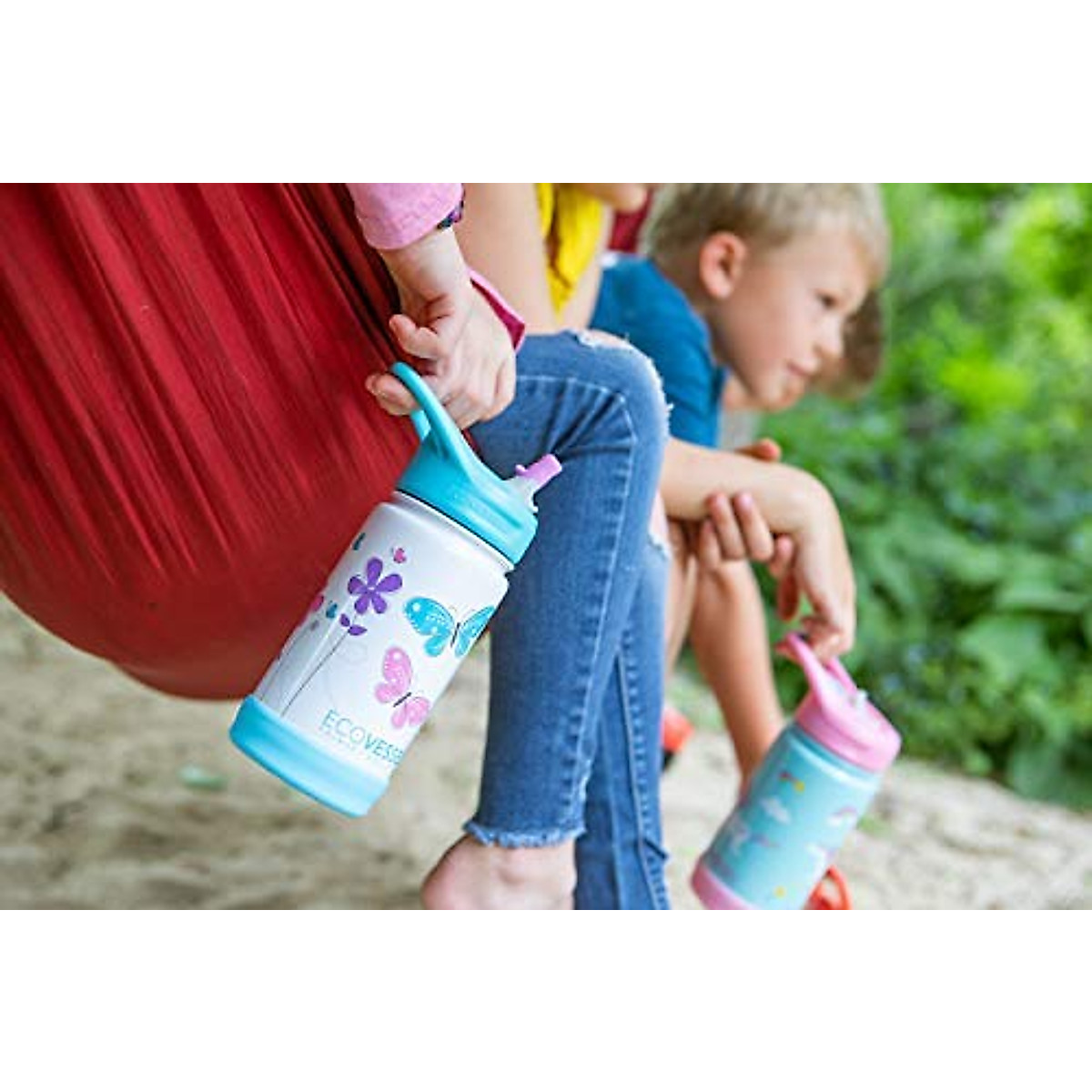 EcoVessel Insulated Water Bottle Kids Tumbler for 36 Hrs Cold Travel Drinking Cup â€“ Frost TriMax Stainless Steel, 12oz Sip Bottle for Children w/Carrying Handle & Flip Straw Lid