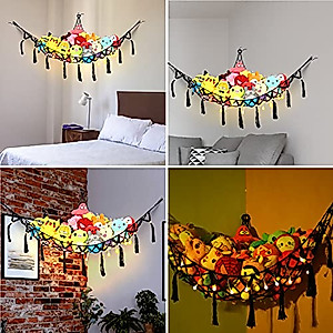 KoHuiJoo Stuffed Animal Net Hammock Macrame Boho Plush Toy Net Hammock for Stuffed Animals with Lights Stuffed Animals Corner Hanging Stuffed Animal Storage Net for Kids Bedroom Black