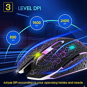 VEGCOO C10 Wireless Gaming Mouse Rechargeable Silent Optical Mice 7 Colors LED Lights, 7 Buttons 2400/1600/800DPI (Black)