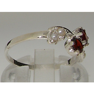 LetsBuyGold 925 Sterling Silver Natural Garnet and Cultured Pearl Womens Band Ring - Sizes 4 to 12 Available