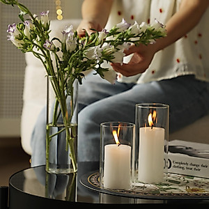 UDU Set of 12 Pillar Candles and 12 Hurricane Candle Holders, Slim Pillar Candle Holder for Pillar Candles, Cylinder Vases for Centerpieces Wedding Table Party Home Decor(2.6" X 4.7", 5.9", 7.9")