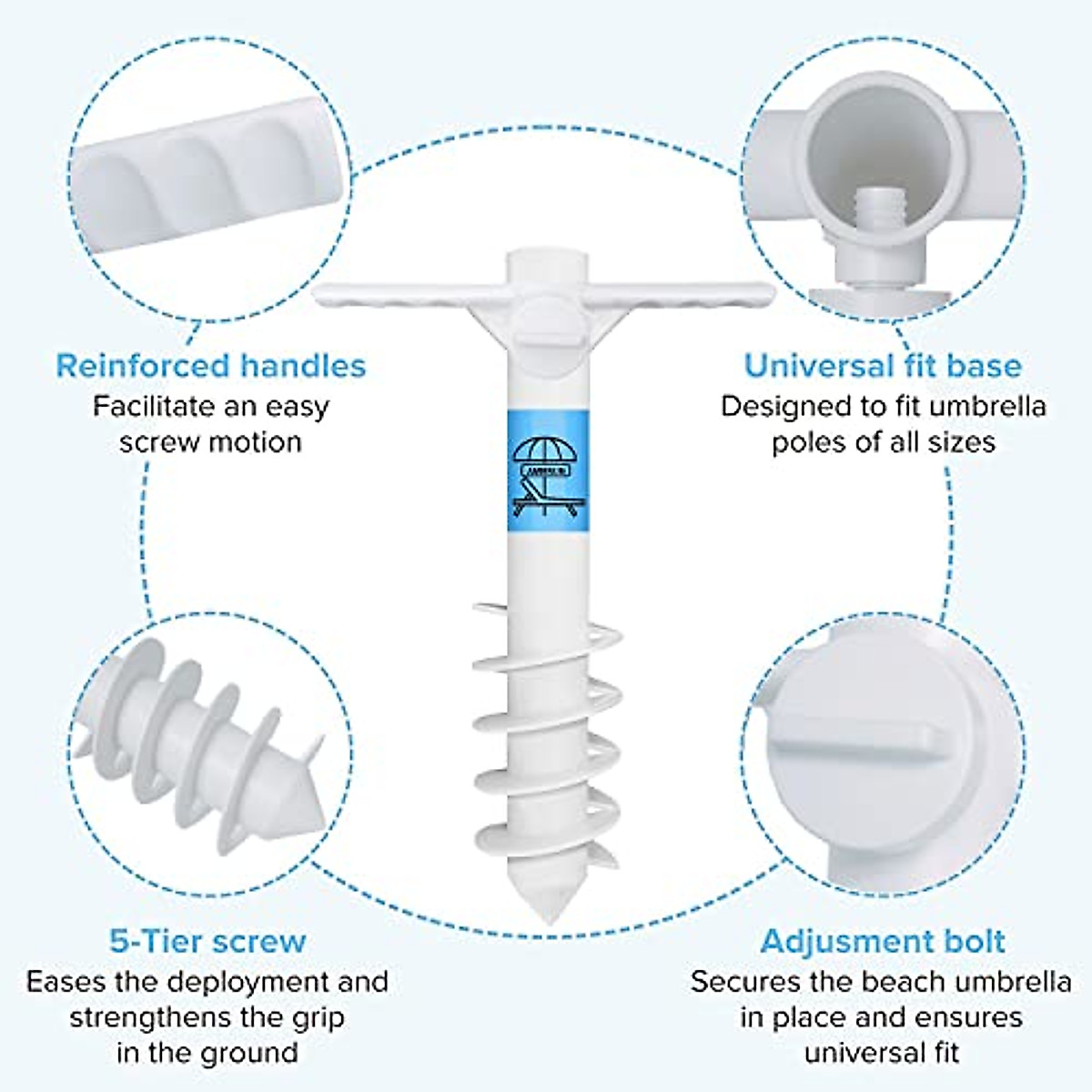AMMSUN Beach Umbrella Sand Anchor Heavy Duty, Outdoor Umbrella Base with 5 Spiral Screw, Universa & One Size Fits All Beach Umbrella, Safe Umbrella Holder Stand Ideal for Strong Winds White