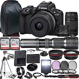 Canon EOS R50 Mirrorless Camera w/RF-S 18-45mm f/4.5-6.3 is STM Lens + EF 75-300mm f/4-5.6 III Lens + 500mm f/8 Focus Lens + 2X 64GB Memory + Case + Filters + More (35pc Bundle)
