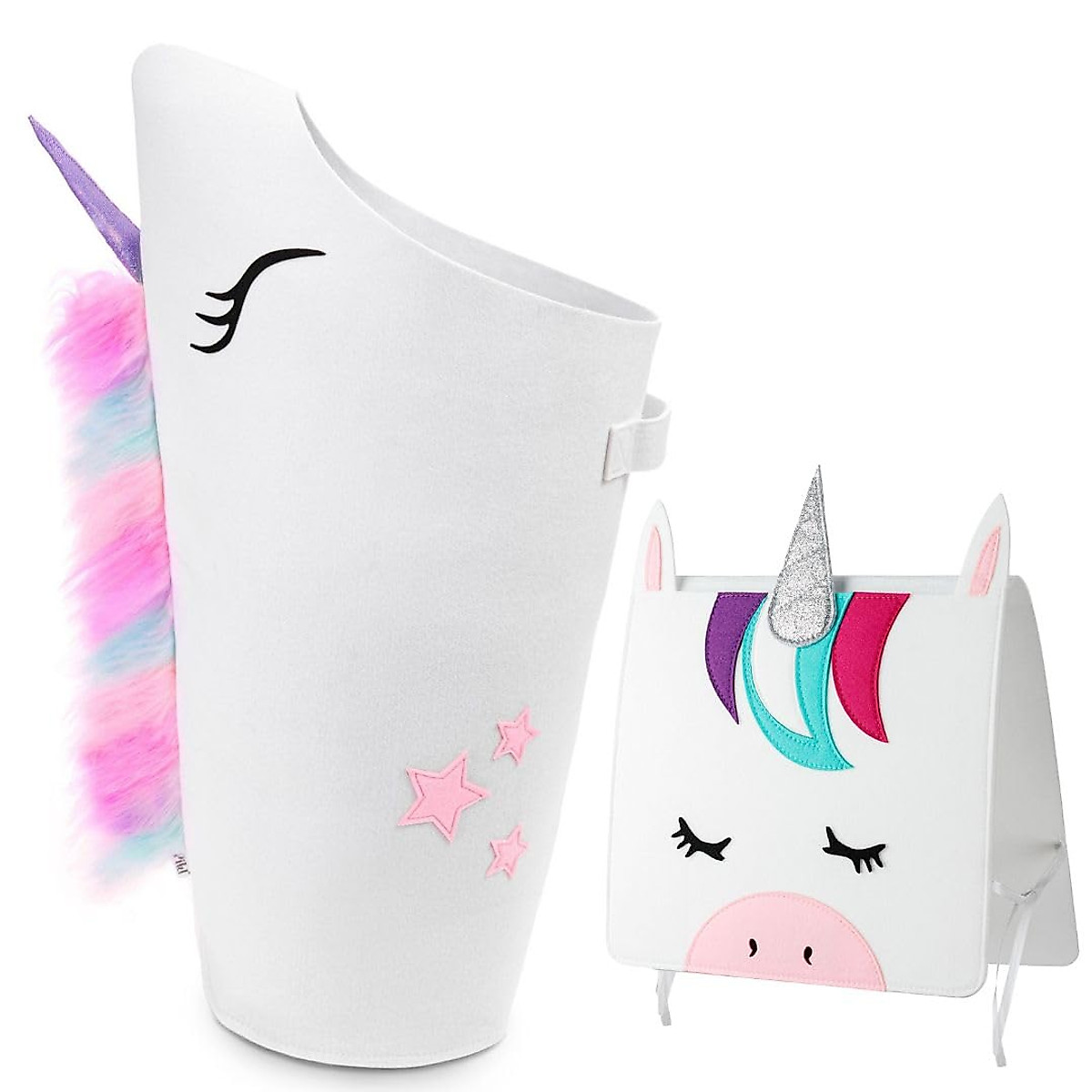 PIKL Unicorn Hamper Bedside Caddy set Patented design Quality Girls Laundry Hamper with Carry Handle and hanging storage organizer bed pocket unicorn decor Ideal gift for girls kids laundry basket