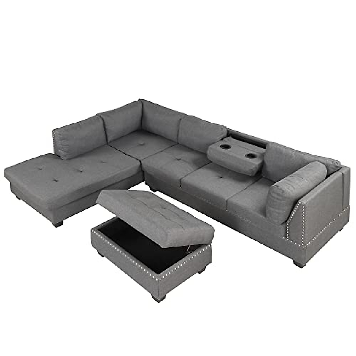 Reversible Modular Sectional Sofa,Longue Chaise,Rivet Ornament L-Shape Corner 5-Seat Couch Upholstered Sofá with Storage Ottoman&2 Cup Holders for Living Room Furniture Sets